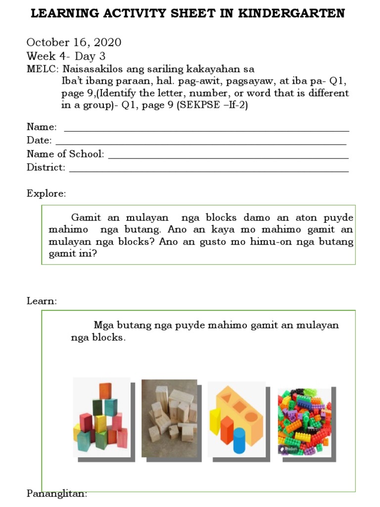 Worksheet in Kindergarten Week4 Day3 Act.1 | PDF