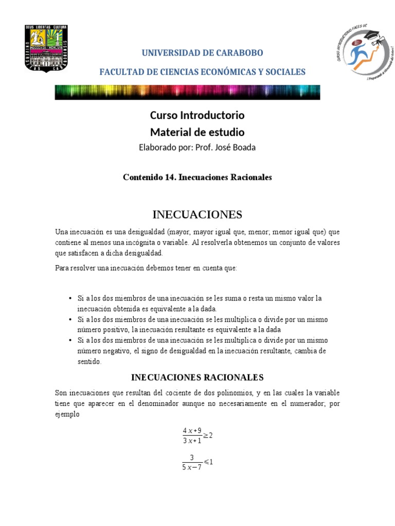 Guia 14. Enecuaciones Racionales | PDF | Intervalo (Matemáticas ...