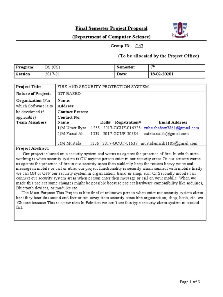 Final Semester Project Proposal (Department of Computer Science) | PDF ...