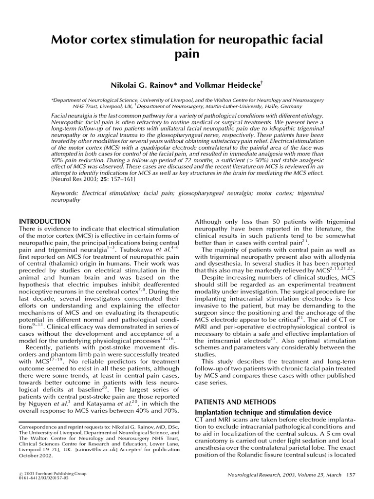Motor cortex stimulation relieves neuropathic facial pain | PDF | Pain ...