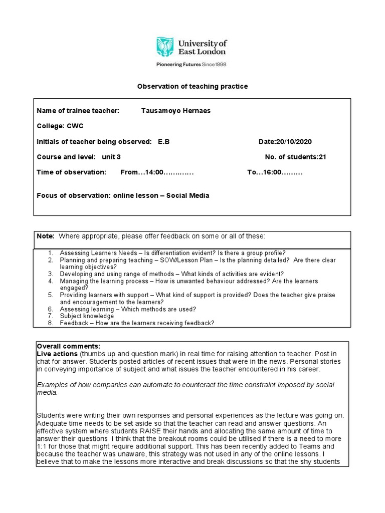 Observation - Online Lesson | PDF | Teachers | Lesson Plan
