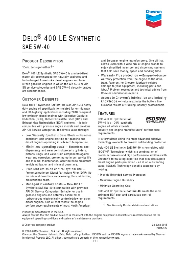 Delo® 400 LE Fully Synthetic SAE 5W-40 | PDF | Motor Oil | Engines