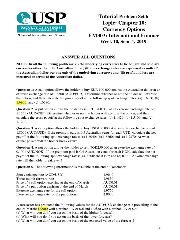 Week 9-10-Tutorial Questions Answers | PDF | Put Option | Option (Finance)