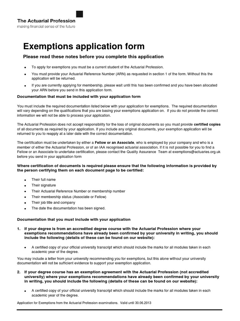 Exemptions Application Form: Please Read These Notes Before You ...