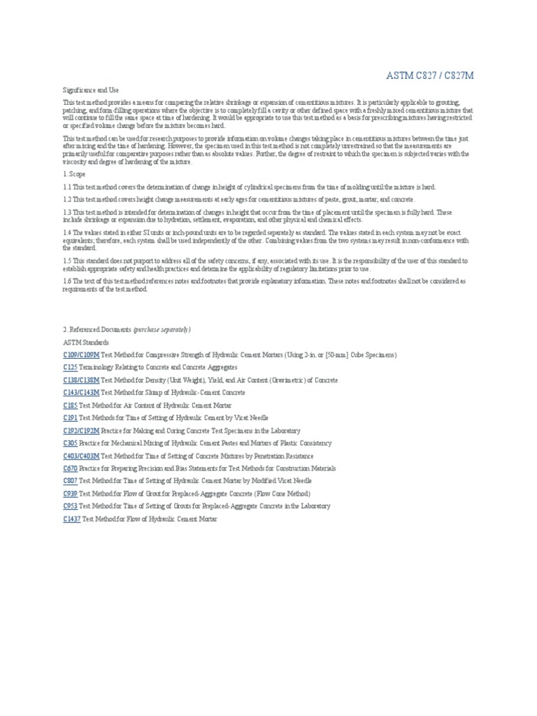 Astm C827 / C827M: C109/C109M C125 C138/C138M C143/C143M C185 C191 C192 ...