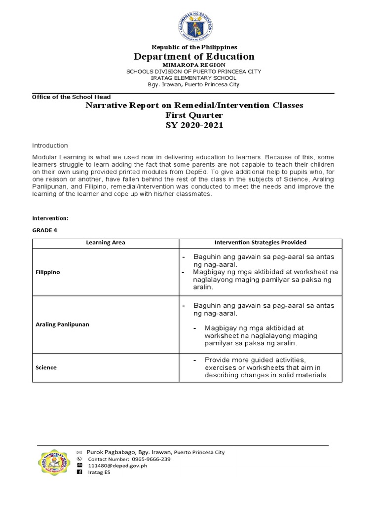 Narrative Report in Intervention 1ST Quarter | PDF | Educational ...