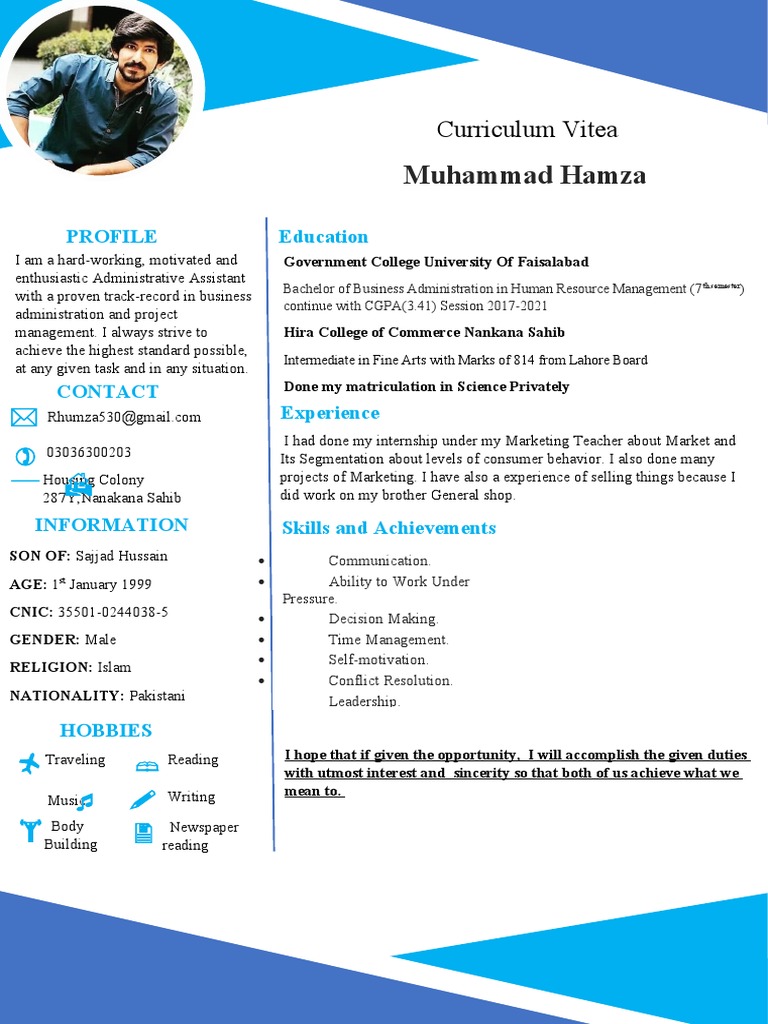 Muhammad Hamza: Curriculum Vitea | PDF | Psychological Concepts | Human Nature