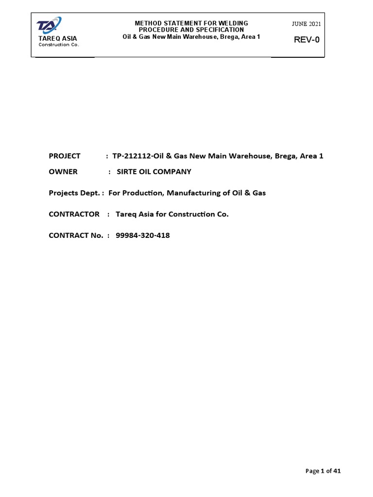 Welding Procedure Method Statement | PDF | Welding | Construction