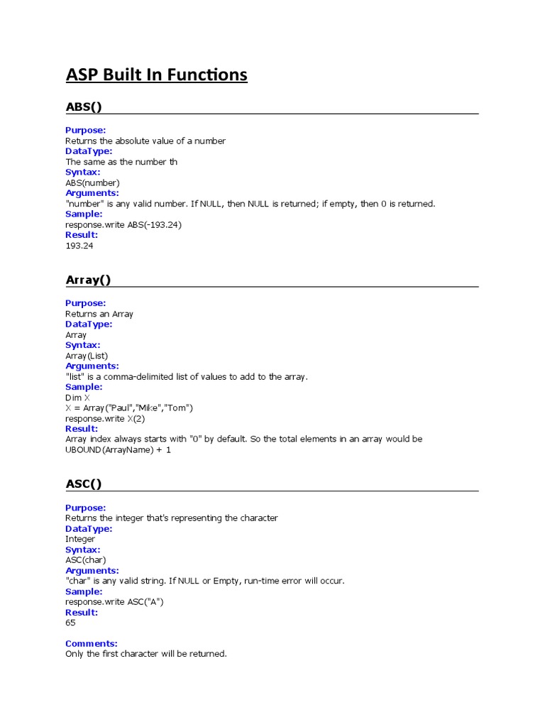 Asp Built in Functions: Purpose: Datatype: Syntax: Arguments: Sample: Result | PDF | String ...