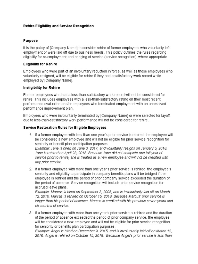 Rehire Eligibility And Service Recognition Pdf Layoff Labor