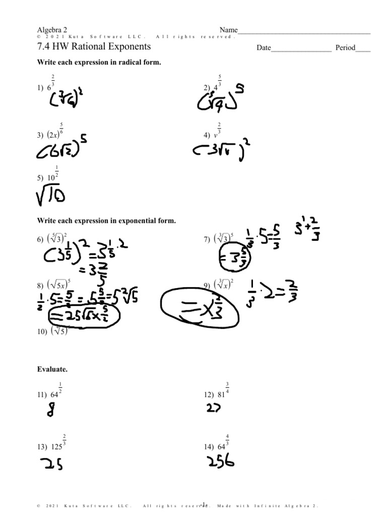 7.4 HW Rational Exponents: Write Each Expression in Radical Form | PDF ...