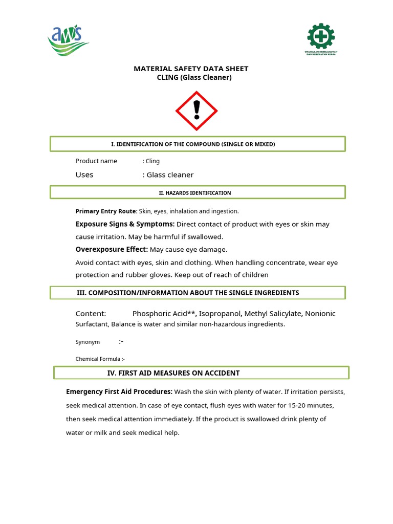 Material Safety Data Sheet:: Glass Cleaner | PDF | Waste Management ...