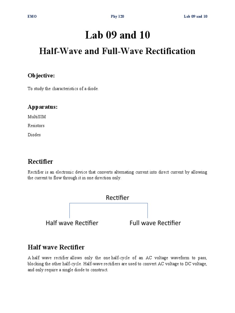 Lab 9 and 10 - Half and Full Wave Rectifiers | PDF | Rectifier | Diode