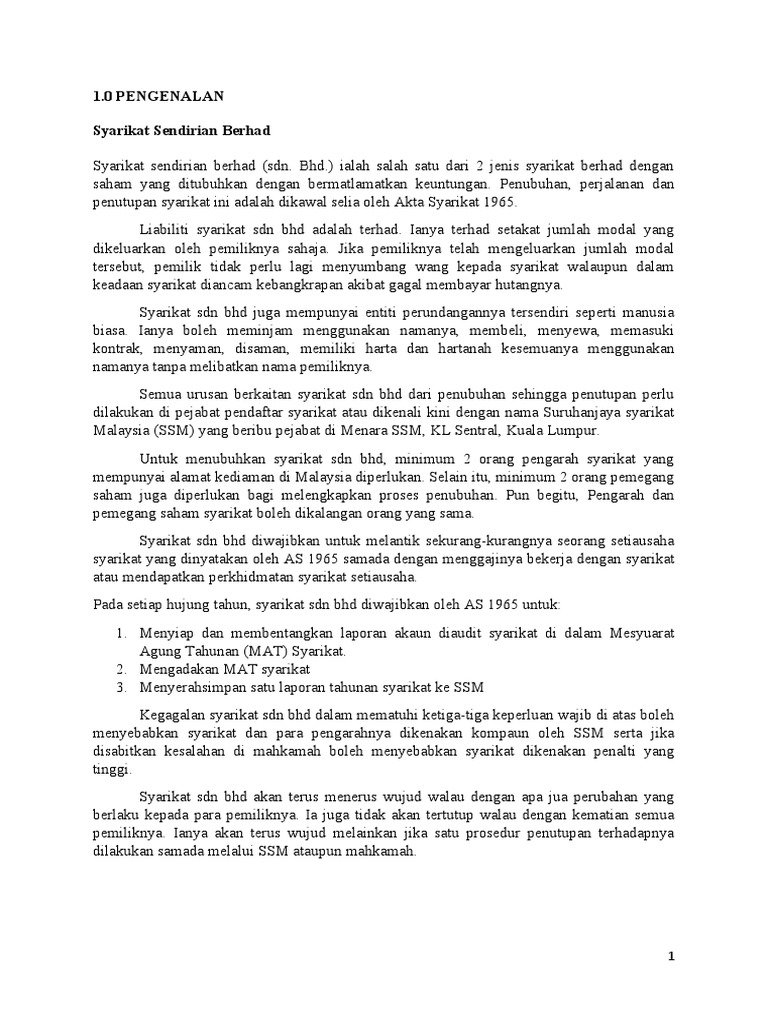 1.0 Pengenalan Syarikat Sendirian Berhad | PDF