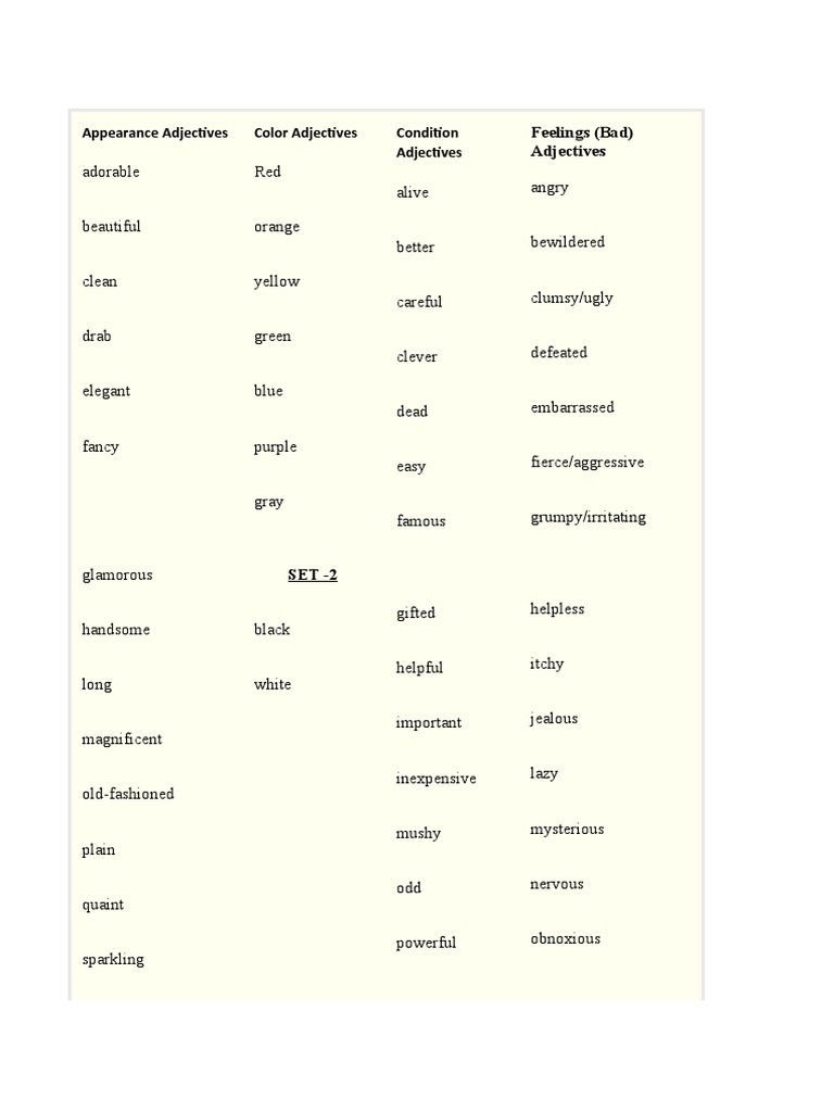 Comprehensive List of Adjectives | PDF | Nature