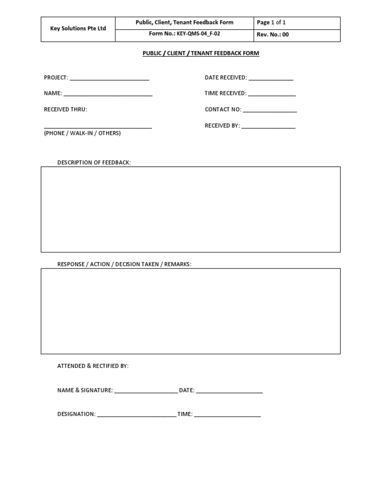 KEY-QMS-04 - F-02 Public, Client, Tenant Feedback Form | PDF | Career ...