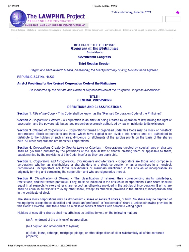 Republic Act No. 11232-Revised Corporation Code | PDF | Corporations ...