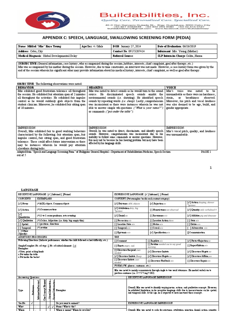 Appendix C: Speech, Language, Swallowing Screening Form (Pedia) | PDF ...