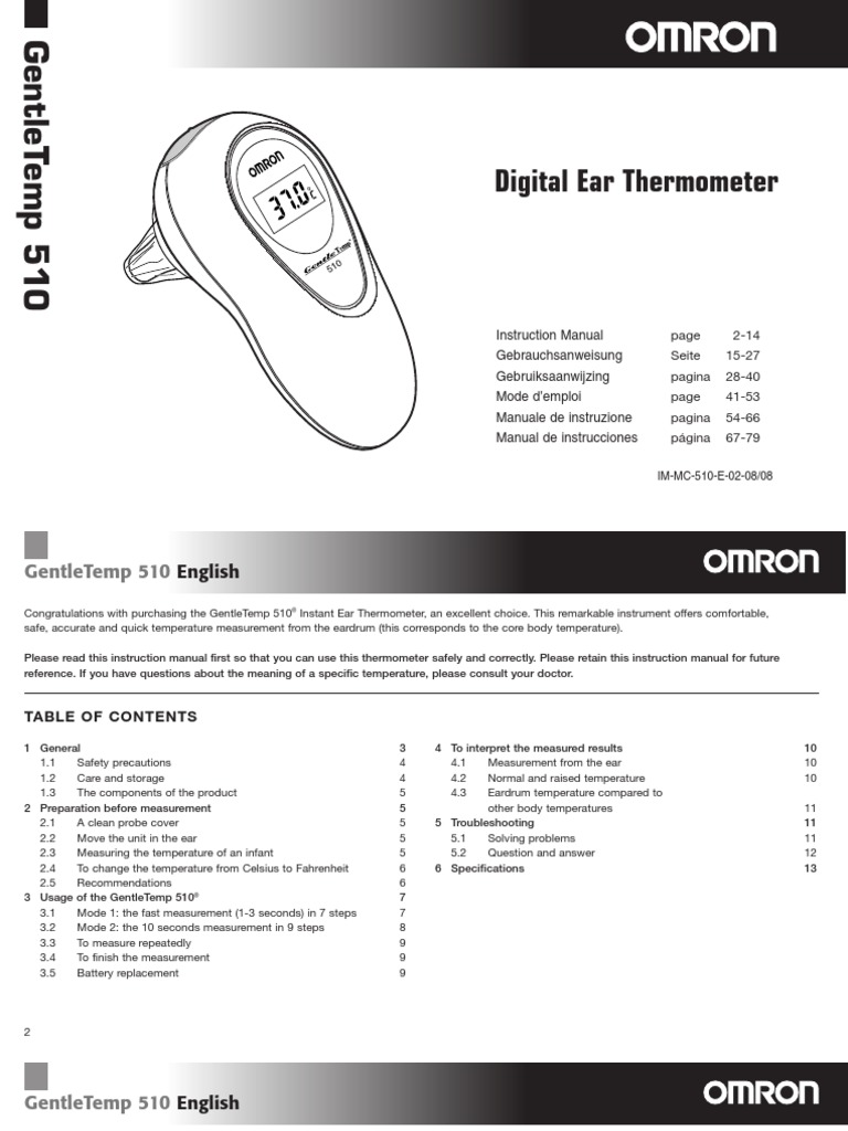 Omron Gentle Temp Instruction Manual | PDF | Thermometer | Fahrenheit