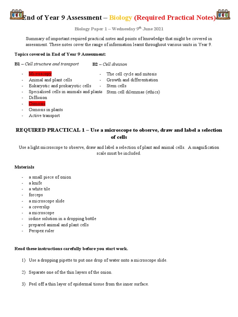 Year 9 Biology Practical Notes | PDF | Microscopy | Optics
