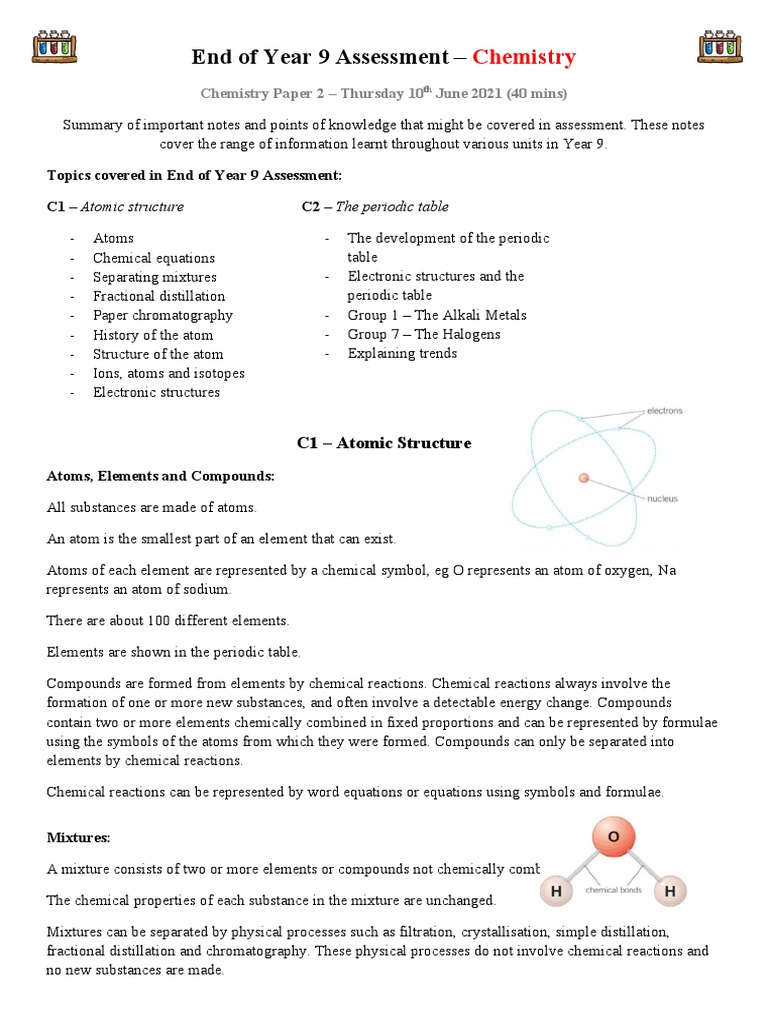 CHEMISTRY - Science Notes For End of Year 9 Assessment | PDF | Atoms ...
