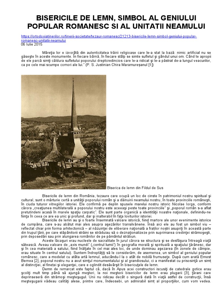 Bisericile de Lemn, Simbol Al Geniului Popular Romanesc Si Al Unitatii ...