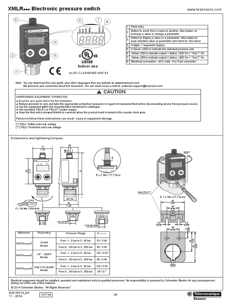 Electronic Pressure Switch XMLR010G0T75 | PDF | Pascal (Unit) | Pounds ...