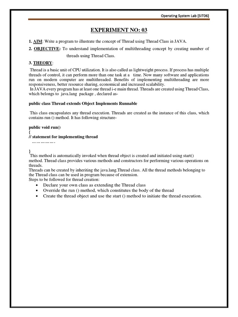 Write A Program To Illustrate The Concept Of Thread Using Thread Class In Java Pdf Thread