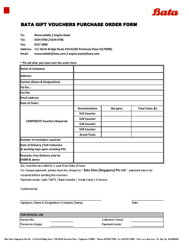 Bata Gift Vouchers Purchase Order Form: Bata Shoe (Singapore) Pte LTD ...
