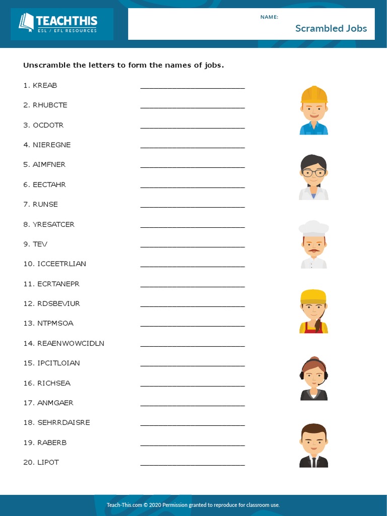 Scrambled Jobs Interactive Worksheet | PDF