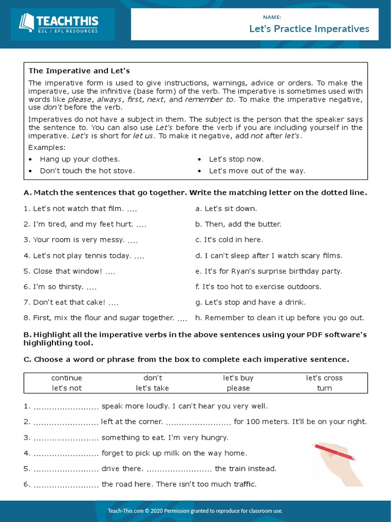 Lets Practice Imperatives Interactive Worksheet | PDF | English As A ...