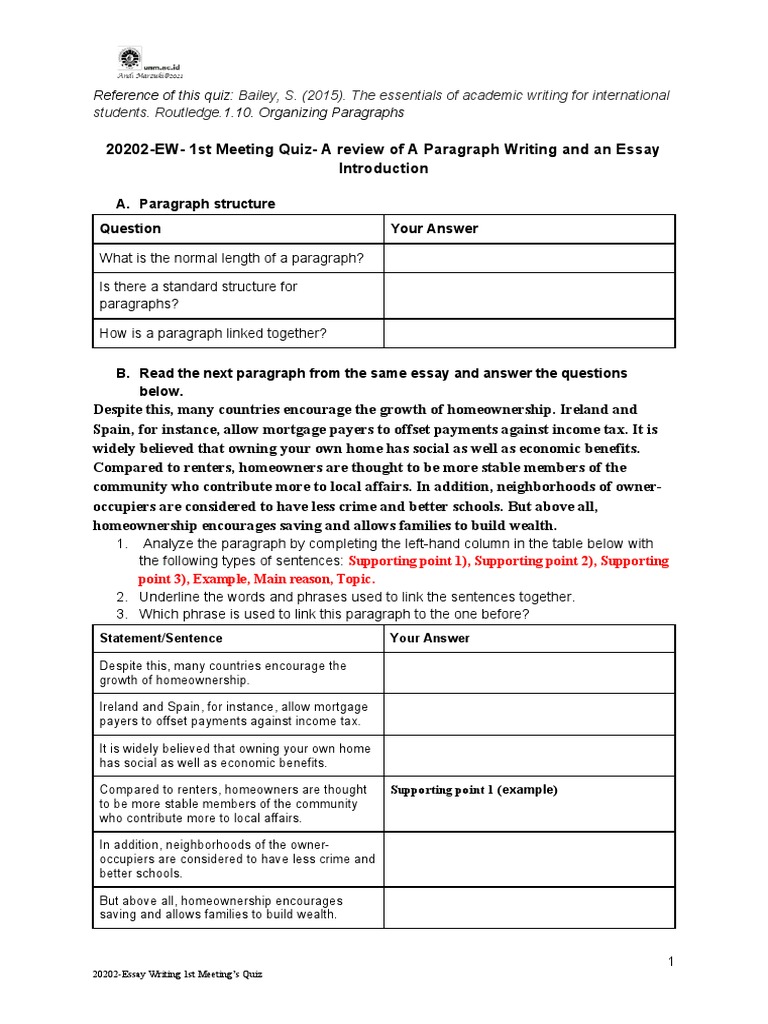 1st Meeting Quiz - A Review of A Paragraph Writing and An Essay ...