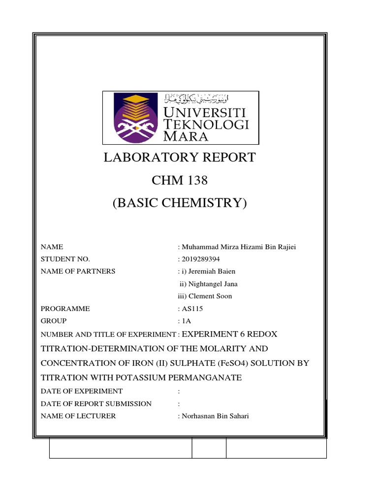 Lab Report 6 CHM138 | PDF | Redox | Titration