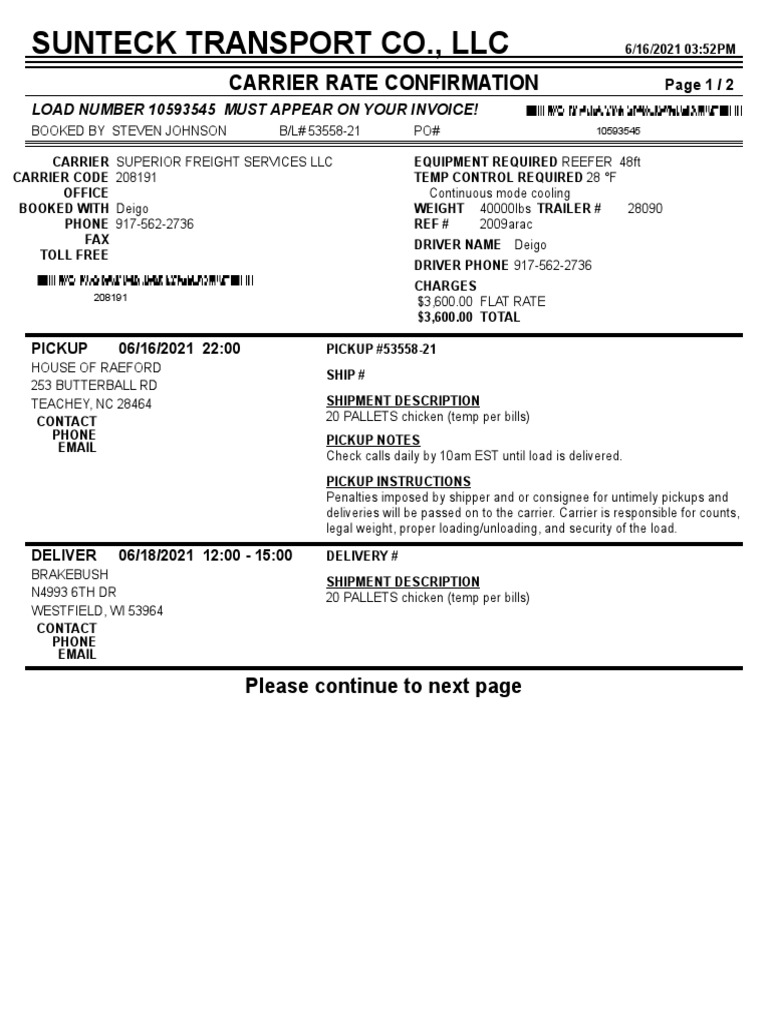 Sunteck Transport Co., LLC: Carrier Rate Confirmation | PDF | Cargo ...