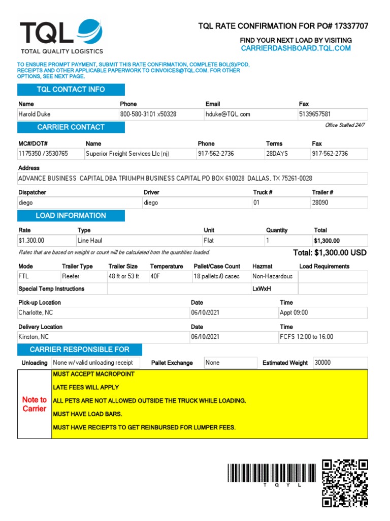 TQL Contact Info: TQL Rate Confirmation For Po# 17337707 | PDF | Mail ...