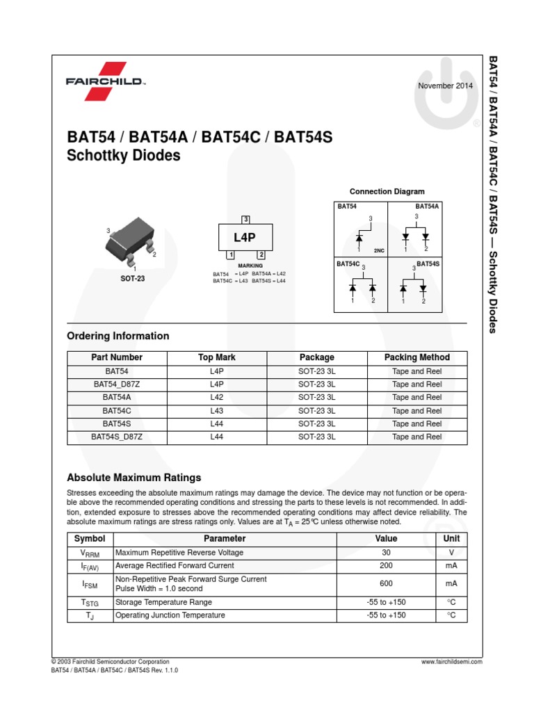 BAT54 / BAT54A / BAT54C / BAT54S: Schottky Diodes | PDF | Diode ...
