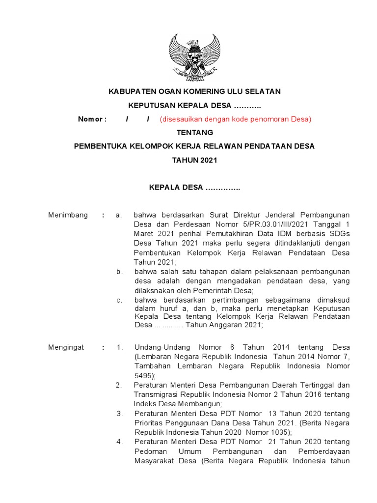 Contoh SK Pokja Relawan Pendataan Desa Tahun 2021 | PDF
