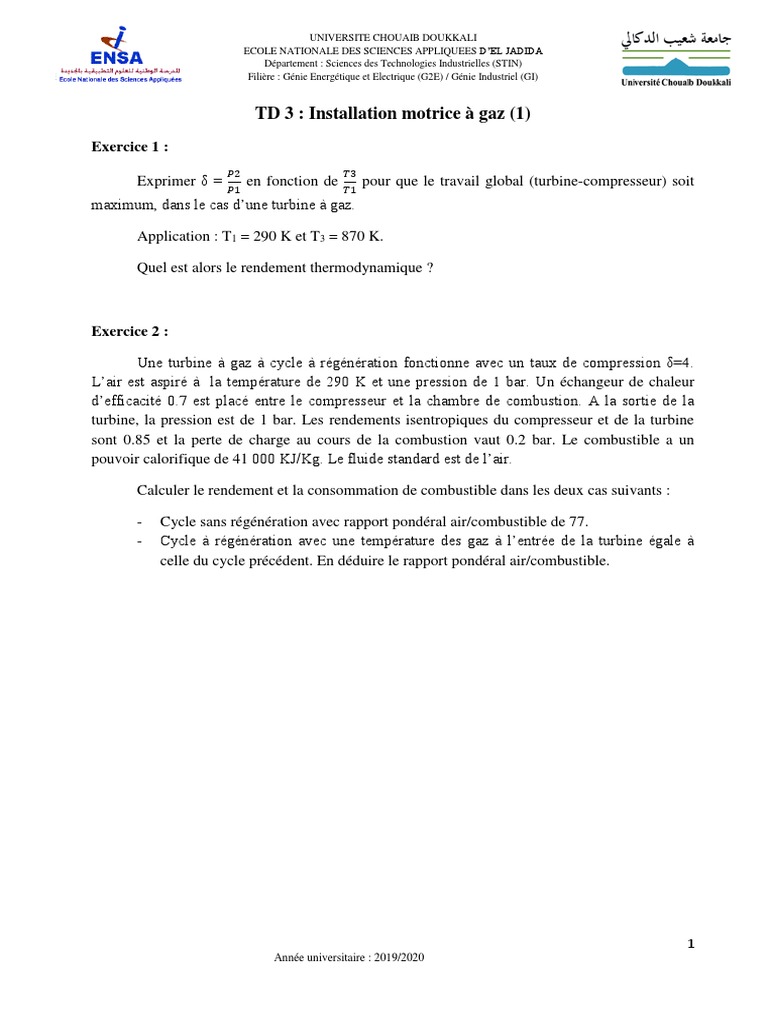 TD 3: Installation Motrice À Gaz (1) : Exercice 1 | PDF | Sciences et mathématiques