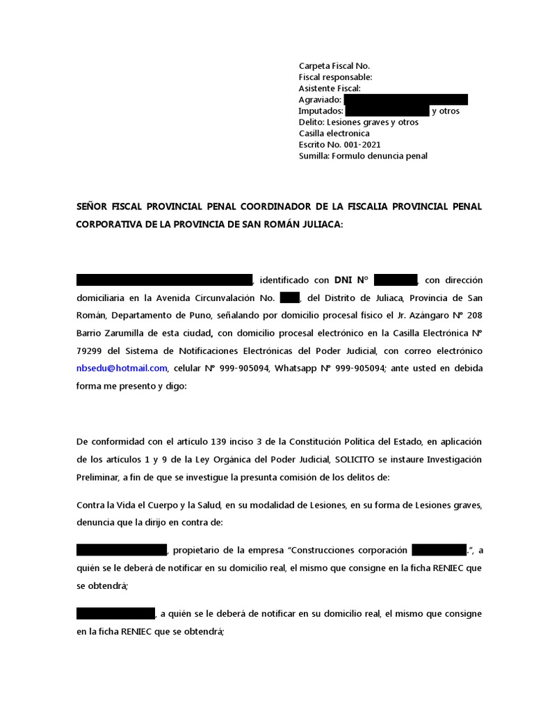 Modelo de Denuncia | PDF | Intención (Derecho Penal) | Policía