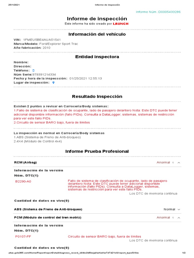 Informe DTC B2290 Ford Explorer 2010 | PDF | Sistema de freno ...