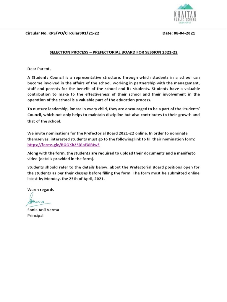 Prefectorial Board Selection Process 2021-22 | PDF | Human Nature | Schools