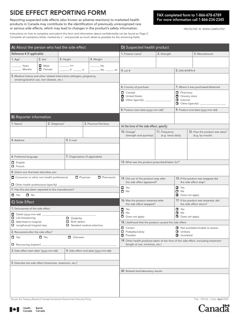 Side Effect Reporting Form | Download Free PDF | Adverse Effect ...