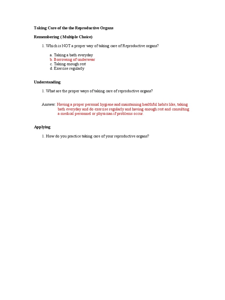Taking Care of The The Reproductive Organs | PDF | Self-Improvement
