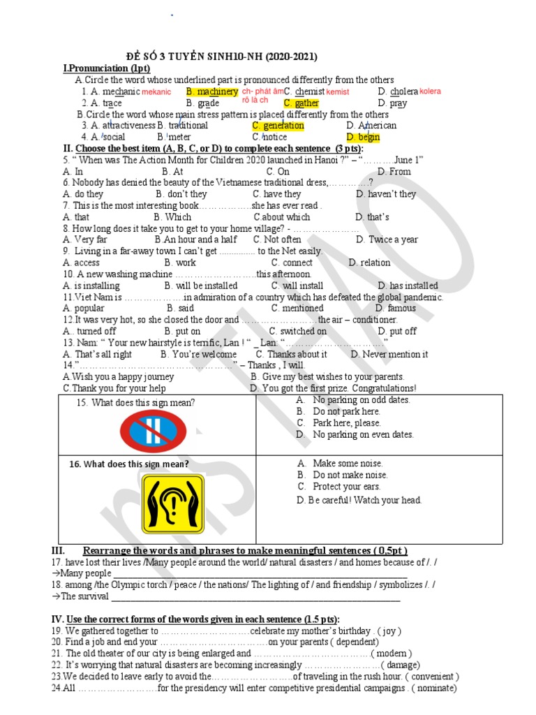 ĐỀ SỐ 3 TUYỂN SINH10-NH (2020-2021) : I.Pronunciation (1pt) | PDF | English Language | Vocabulary