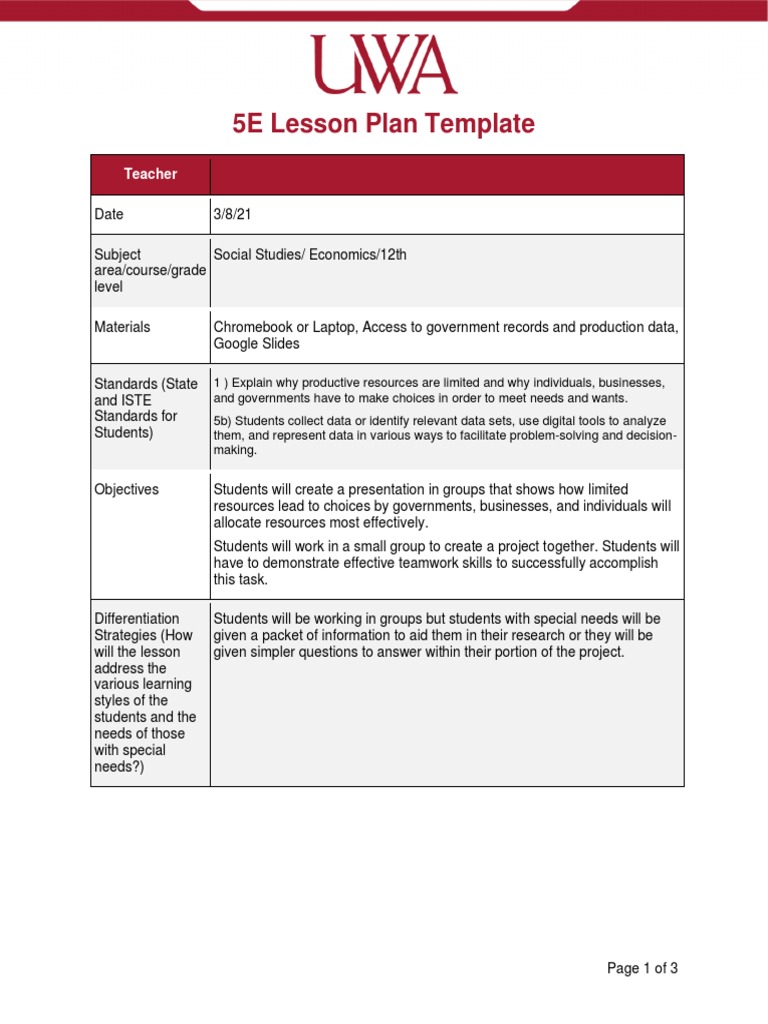 5E Lesson Plan Template: Teacher | PDF | Lesson Plan | Economics
