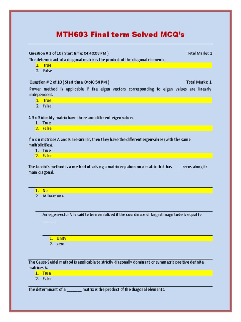 MTH603 Final Term Solved MCQ's | PDF | Eigenvalues And Eigenvectors | Matrix (Mathematics)