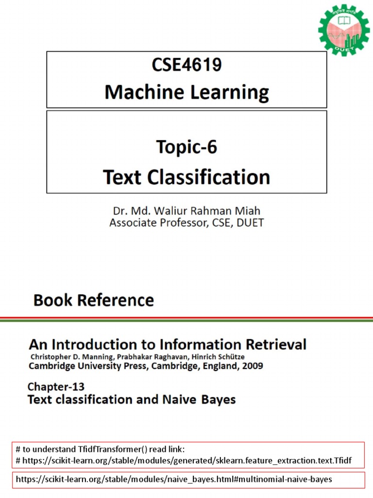 Topic 06 TextClassification ML CSE4619 Wali | PDF | Business | Computers