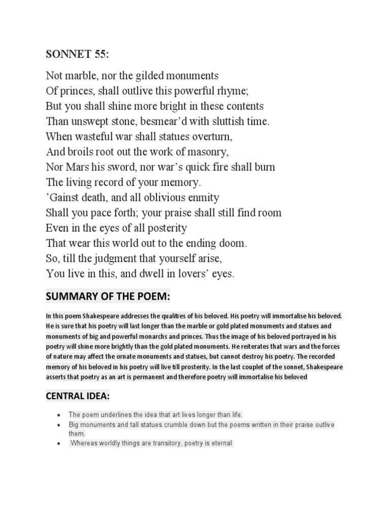 Sonnet 55:: Summary of The Poem | PDF | Stanzaic Form | Poetry