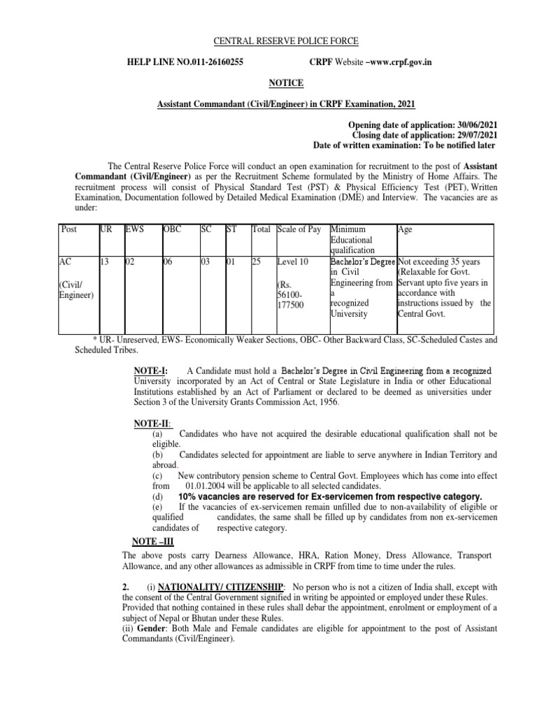CRPF Ac Recruitment 2021 | PDF | University And College Admission ...