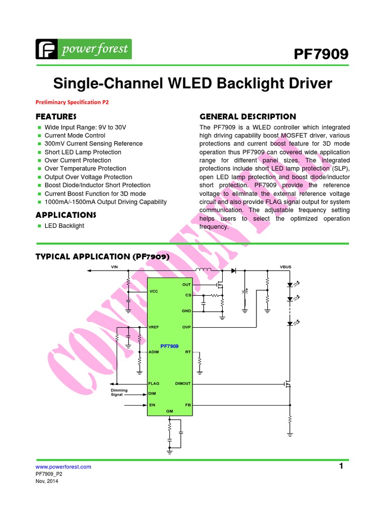 PF7909 Single-Channel WLED Backlight Driver: Features General ...